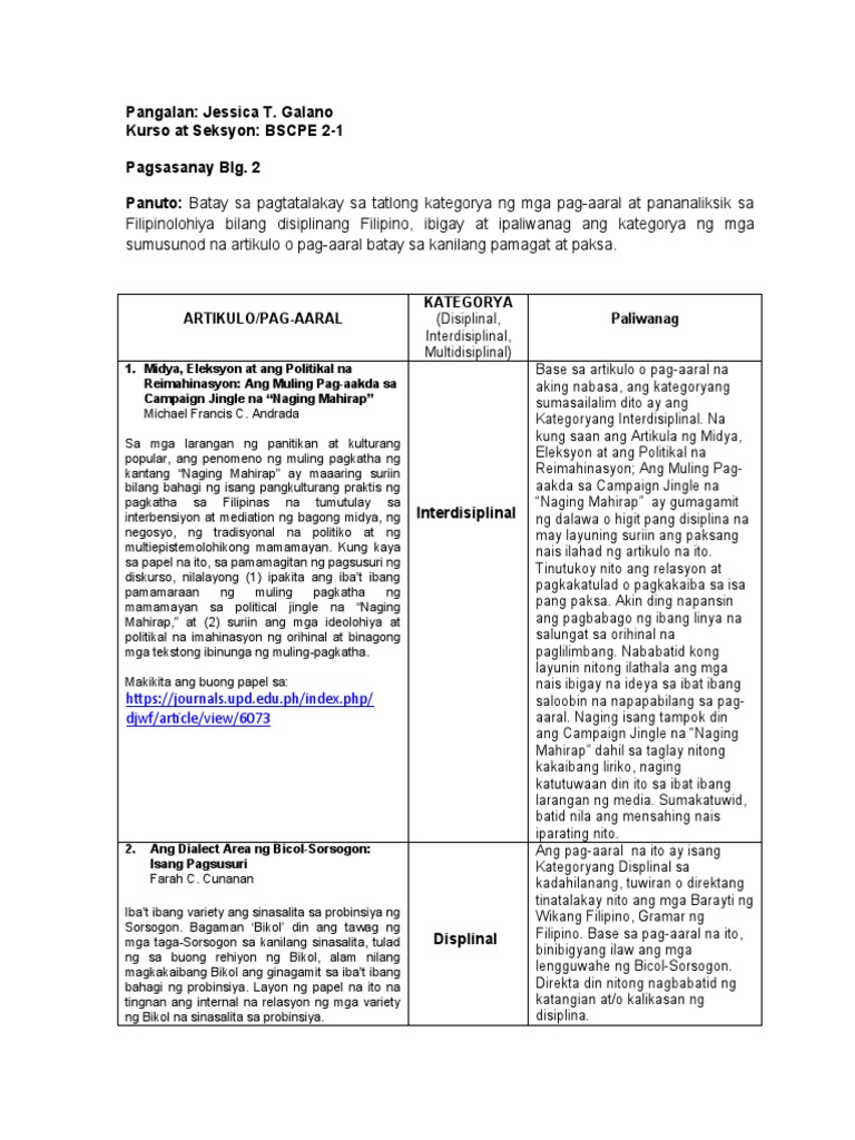 FPK Pagsasanay Blg. 2 Answer Sheet | PDF