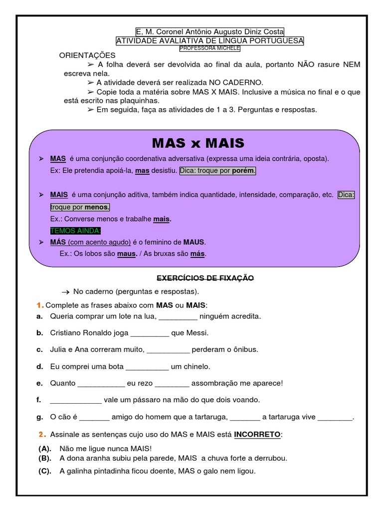 Atividade sobre MAS e MAIS para 5º Ano | PDF