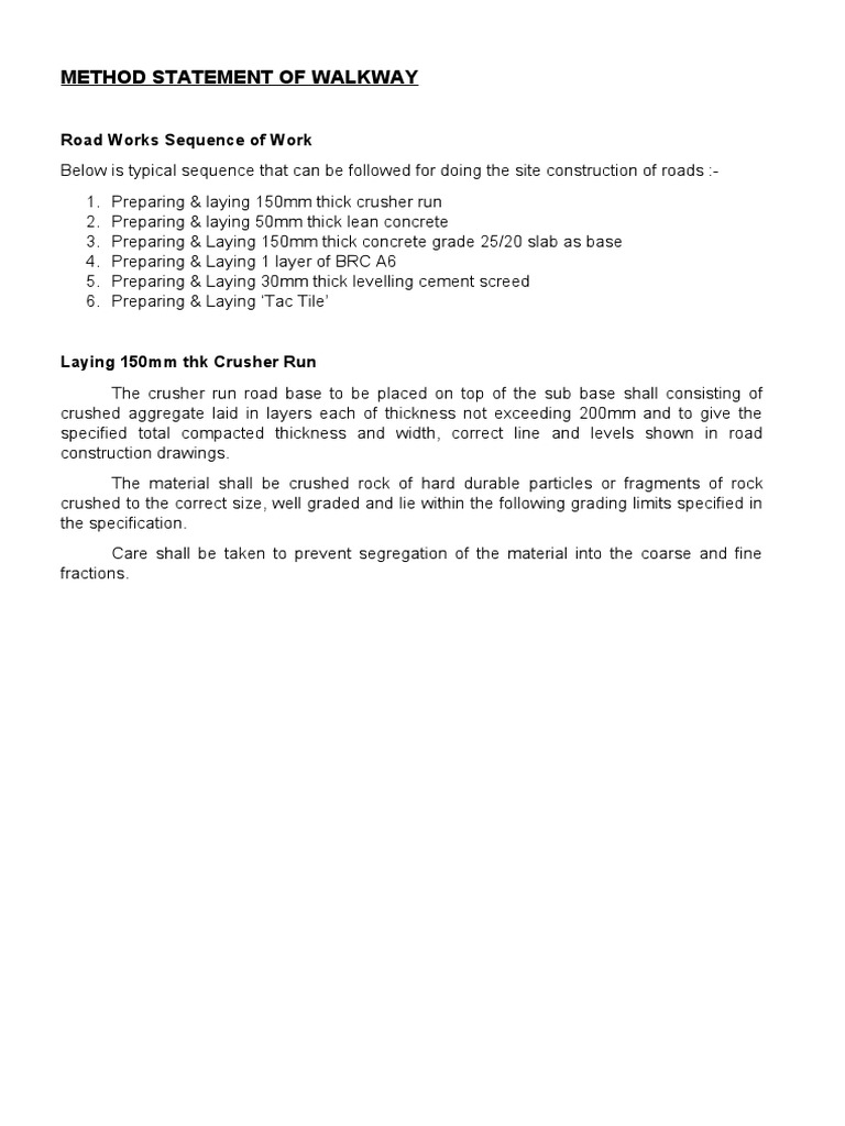 Method Statement of Walkway | PDF