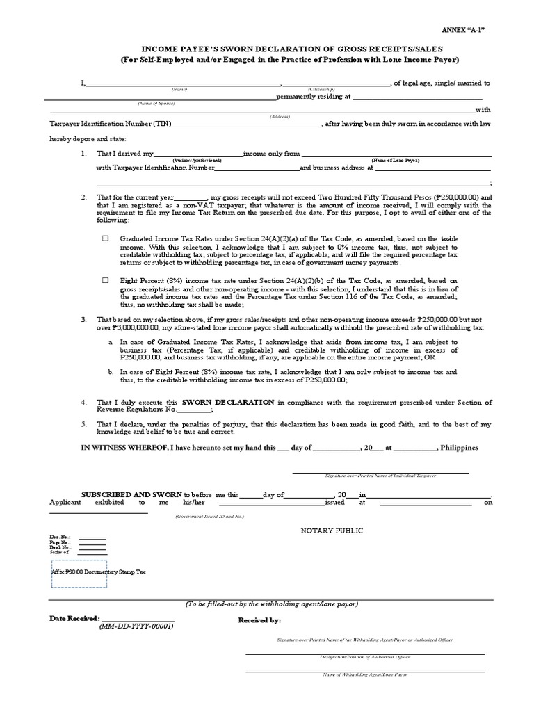 Income Payee's Sworn Declaration Form | PDF | Income Tax | Withholding Tax