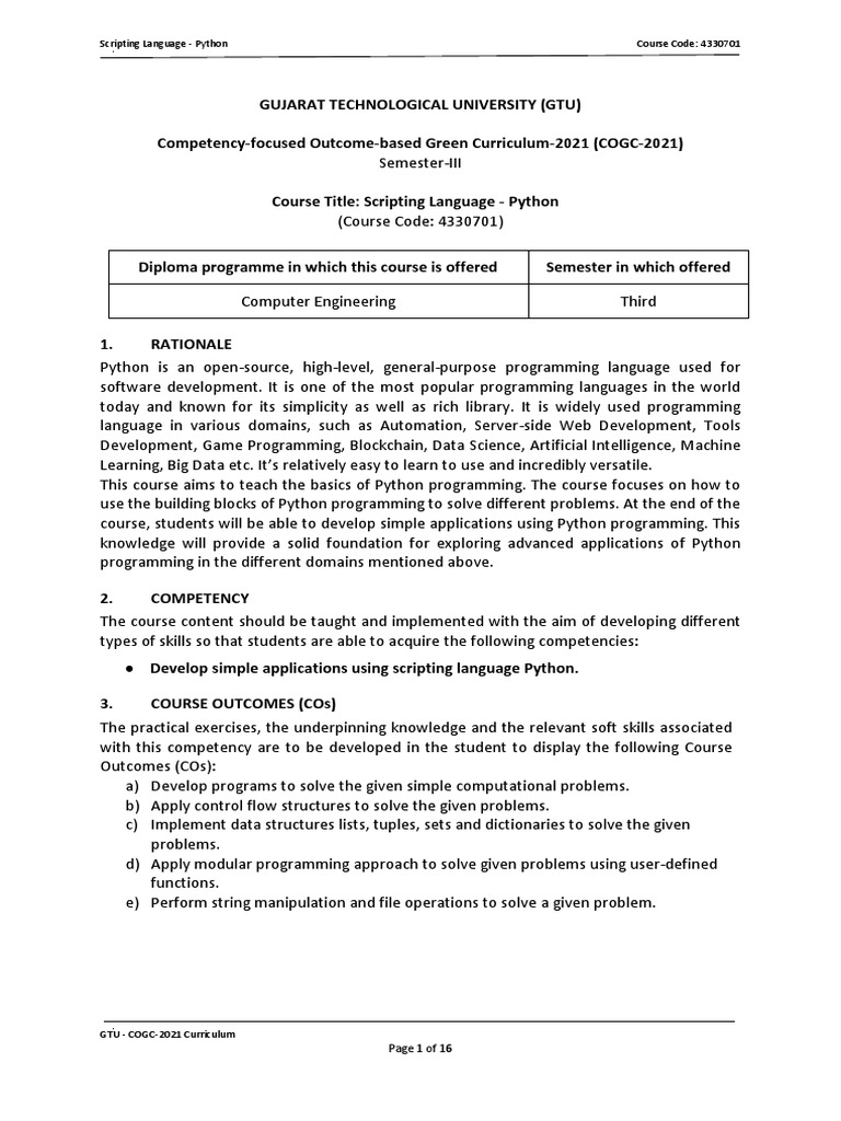 Scripting Language - Python Course Code: 4330701: Page 1 of 16 | PDF | Computer Programming ...