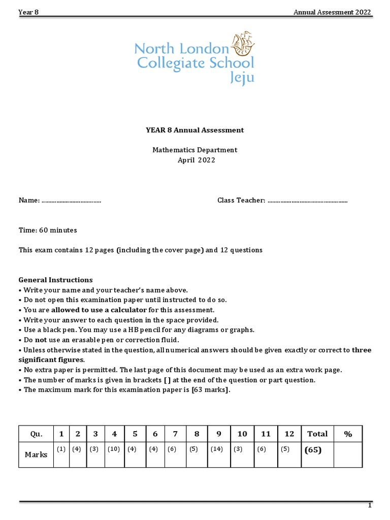 Year 8 Math Exam Instructions | PDF | Mathematics