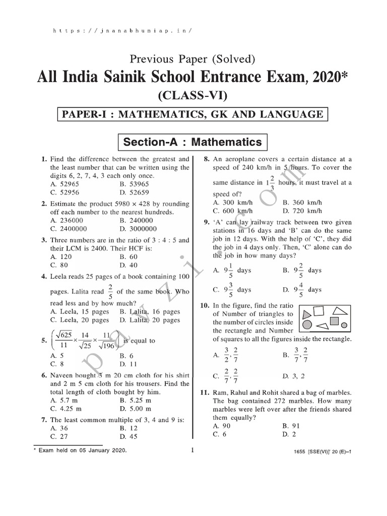Sainik School Question Paper 2020 | PDF