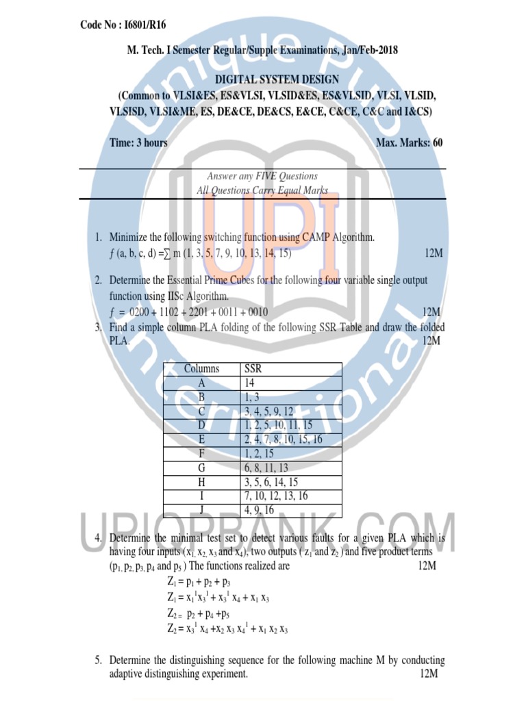 Digital System Design Exam Questions On Minimization Algorithms Fault Detection Sequential