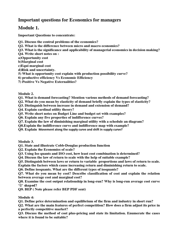Important Questions Economics For Managers Pdf Economics Economies