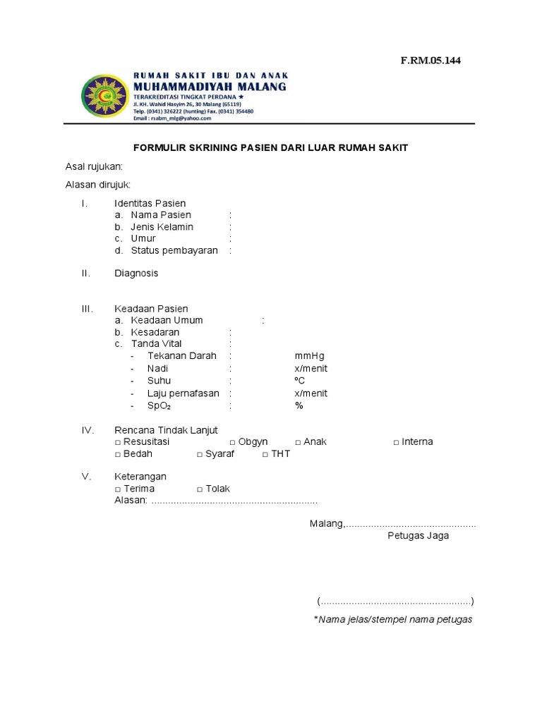 Formulir Skrining Pasien Dari Luar Rumah Sakit | PDF