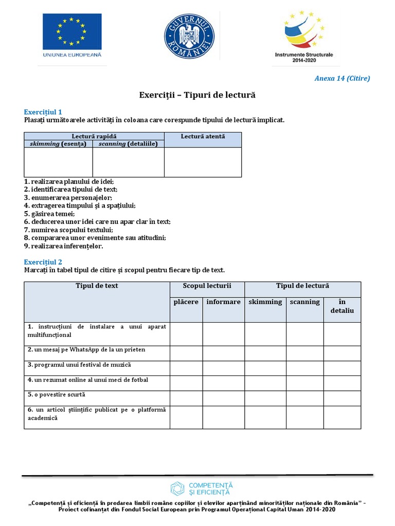 Anexa 14, Exercitii - Tipuri de Lectura | PDF