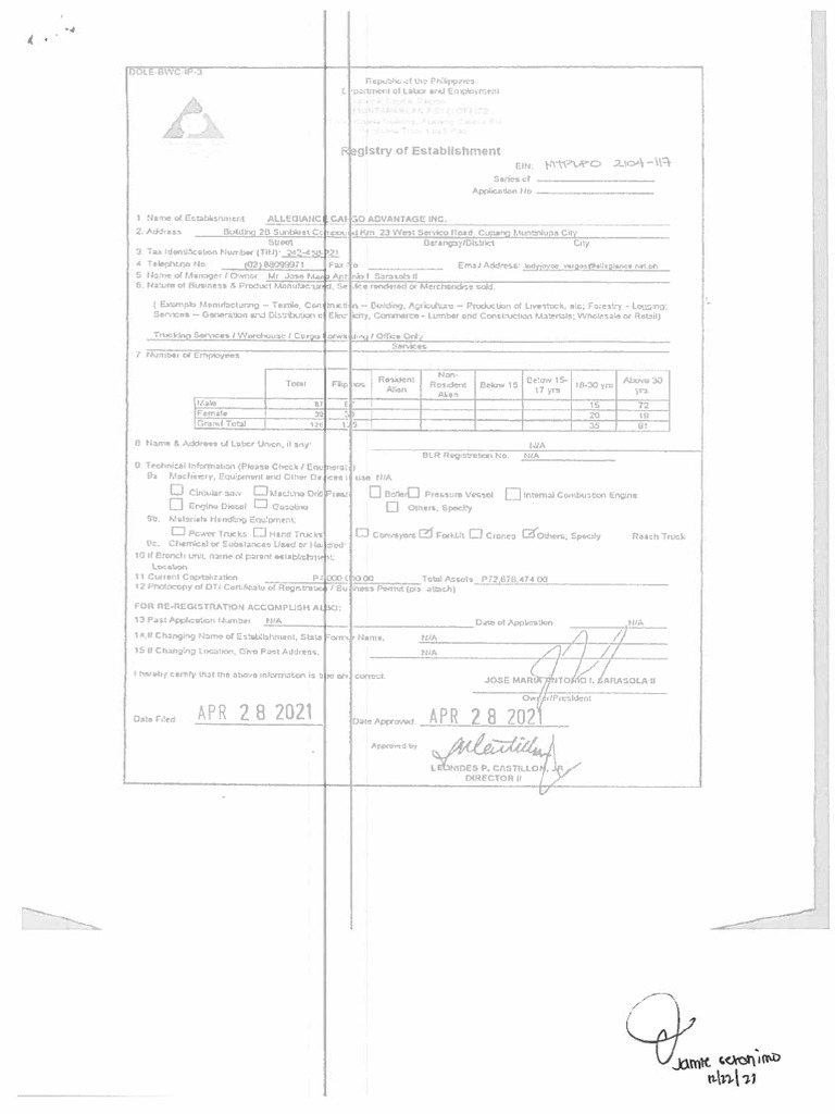 Dole Registry of Establishment | PDF