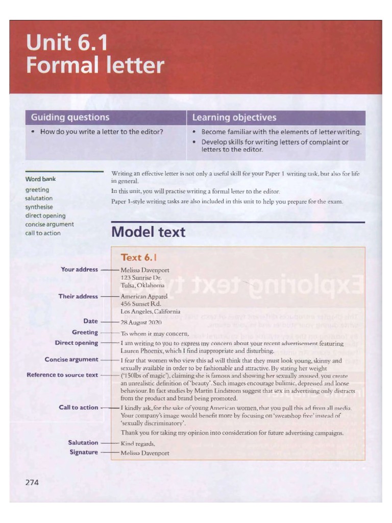 English B - 6.1 Text Types - Formal Letter | PDF