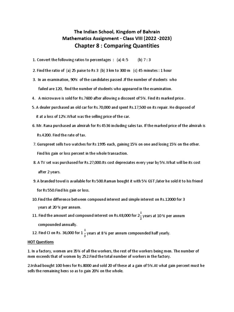 Class 8 Comparing Quantities Assignment | PDF
