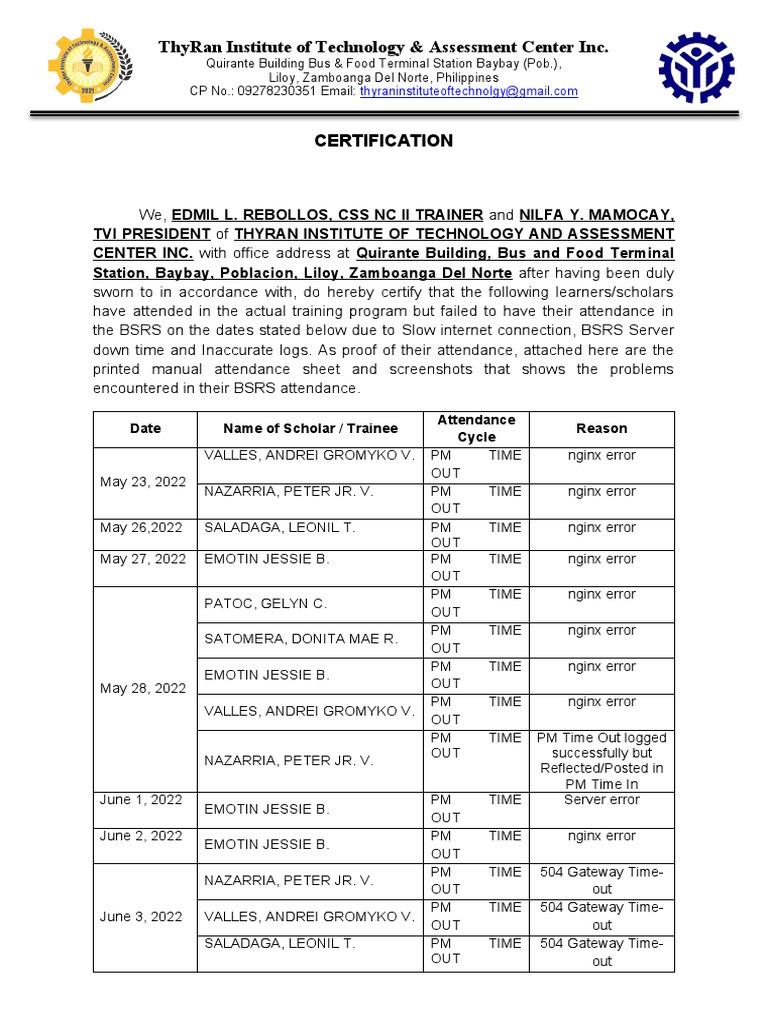 UPDATED CERTIFICATION On BSRS Attendance | PDF | Computer Science ...