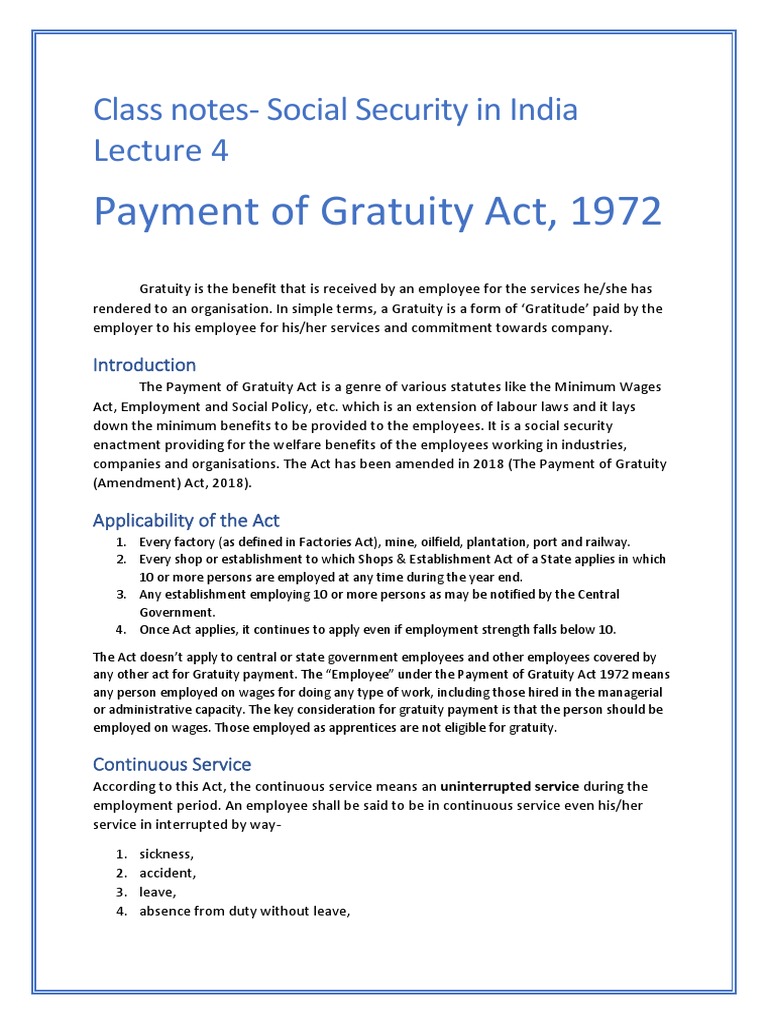 Lecture - 4 Payment of Gratuity Act | PDF | Employment | Gratuity