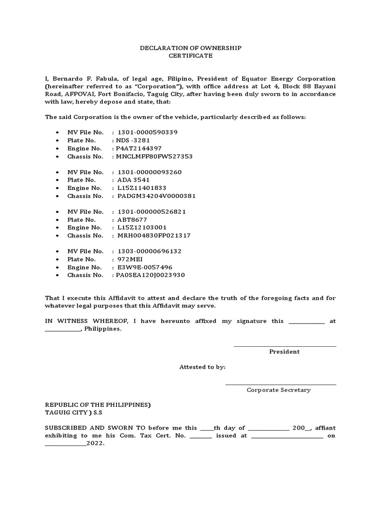 Certification of Ownership of Vehicle | PDF