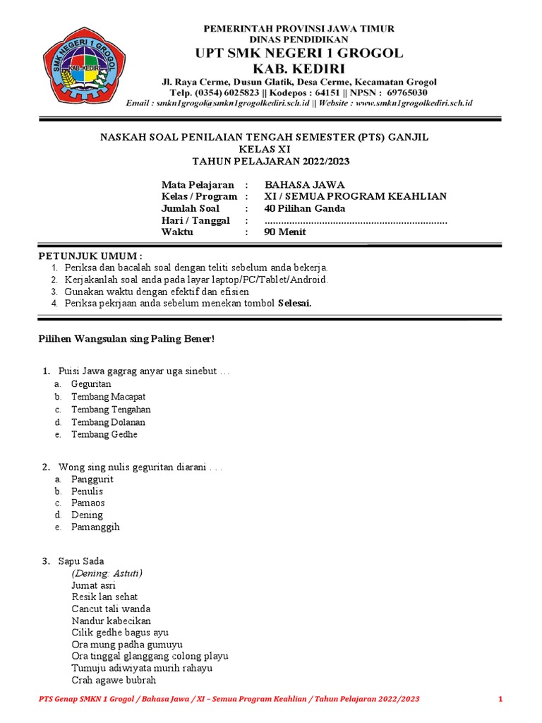 Soal BAHASA JAWA PTS XI 2022-2023 | PDF
