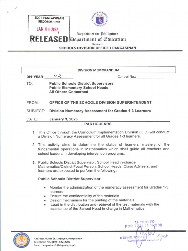 DM02s2023-Division Numeracy Assessment For Grades 1-3 Learnes | PDF