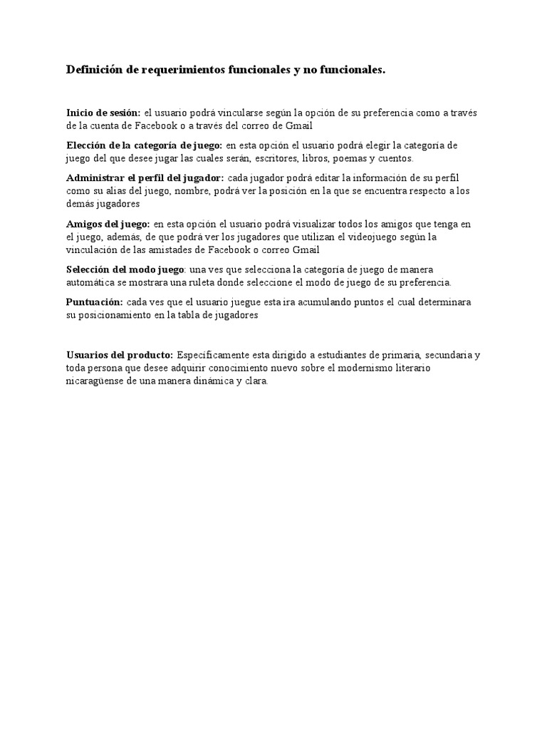 Definición de Requerimientos Funcionales y No Funcionales | PDF