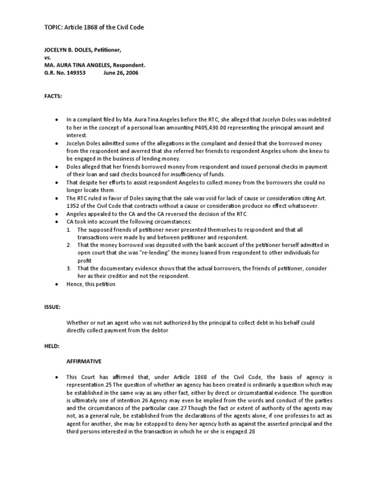 Doles Vs Angeles | Download Free PDF | Law Of Agency | Loans