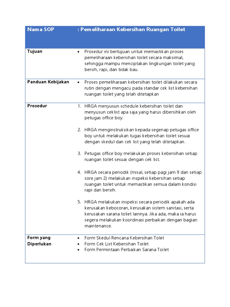 03 SOP Pemeliharaan Kebersihan Toilet | PDF | Griya & Taman