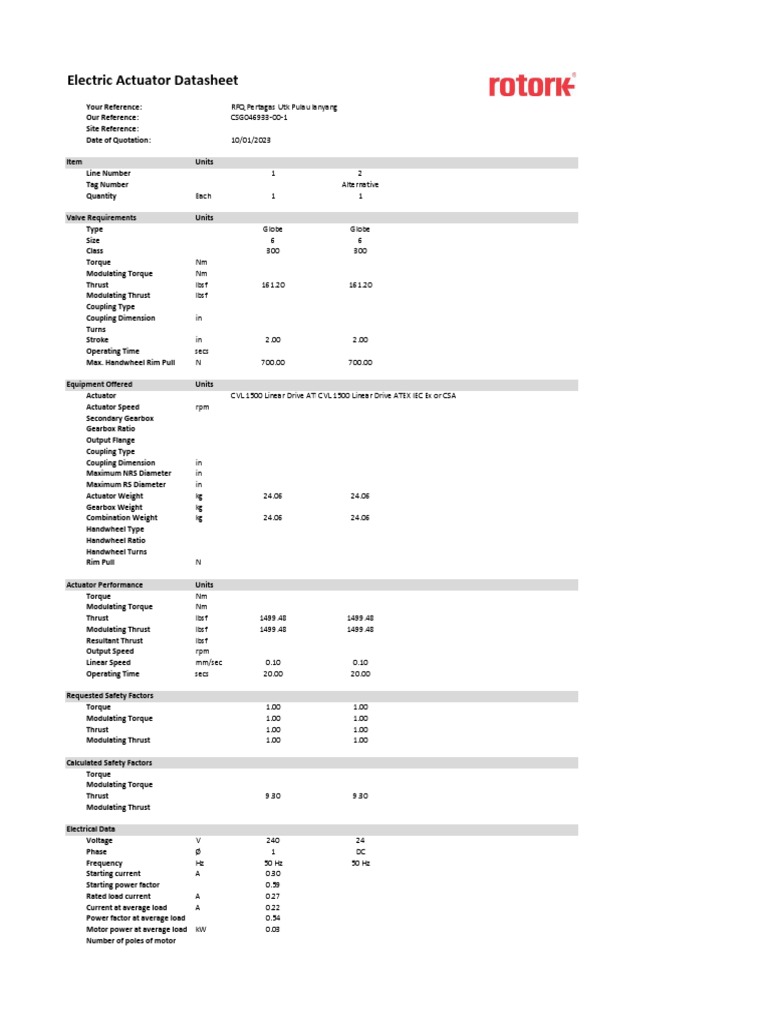 Electric Actuator Specifications Sheet | PDF | Electric Motor | Actuator