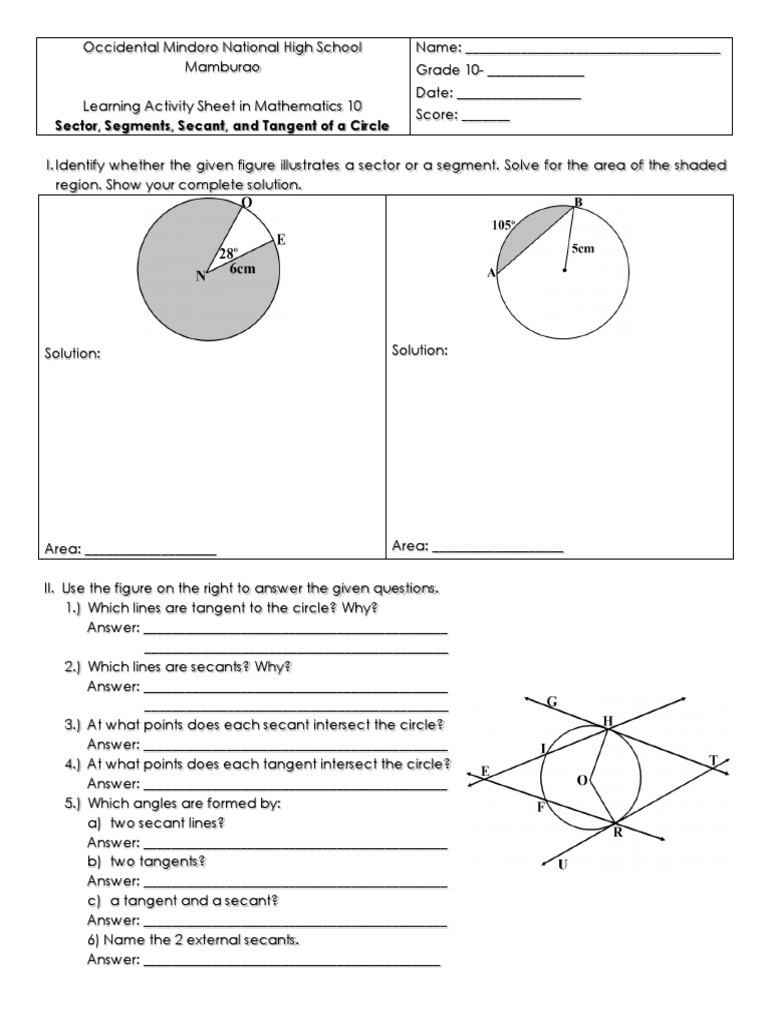 LAS 6-Sector, Segment, Secant and Tangent of A Circle | PDF | Tangent ...