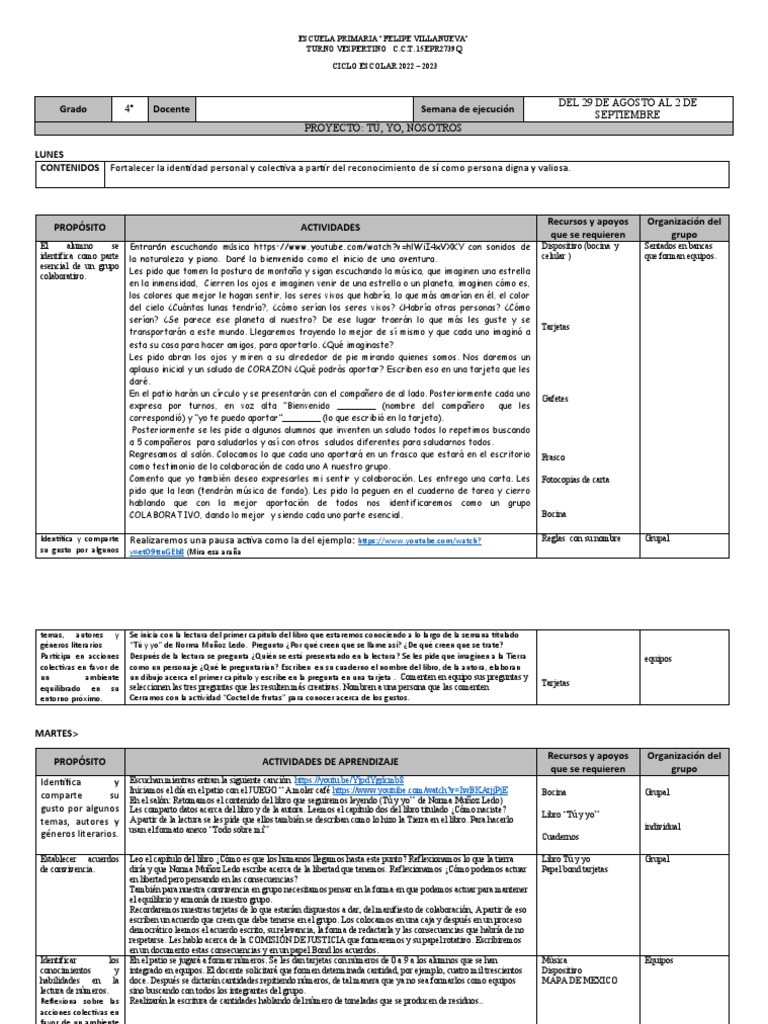 Semana 1 Planificacion Cuarto Grado | PDF | Evaluación | Prueba ...