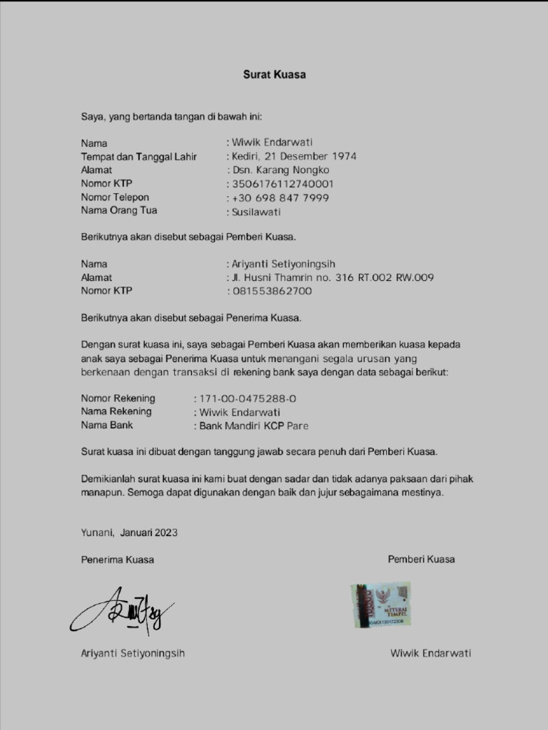Surat Kuasa Bank Mandiri | PDF