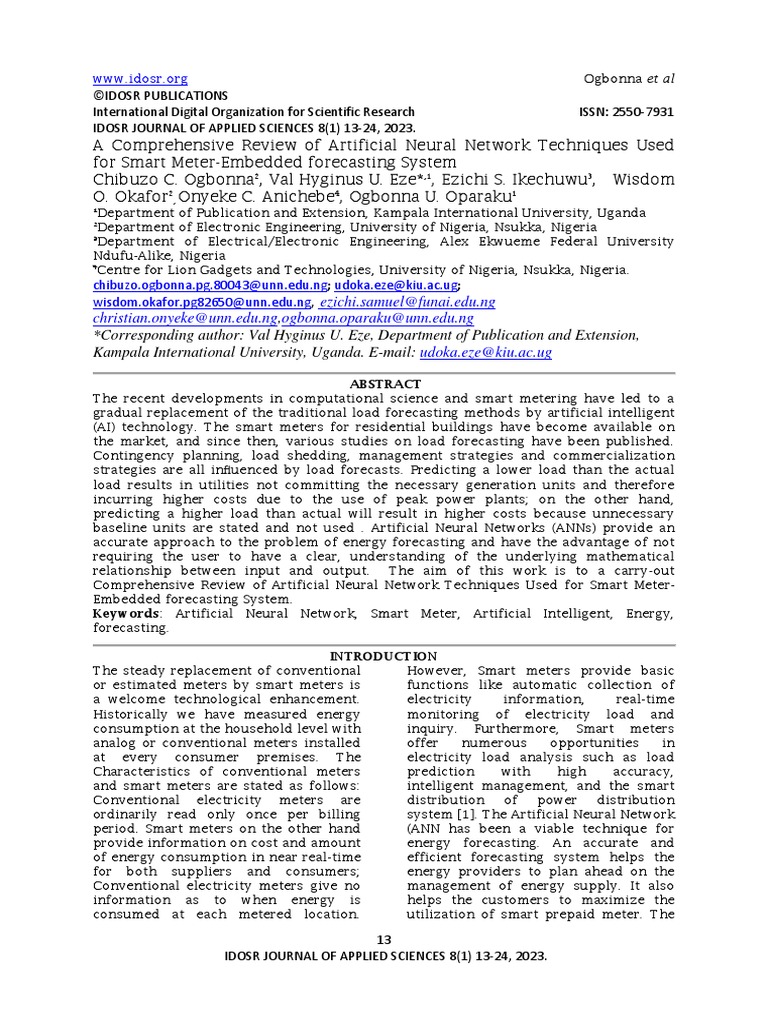 A Comprehensive Review Of Artificial Neural Network Techniques Used For Smart Meter Embedded