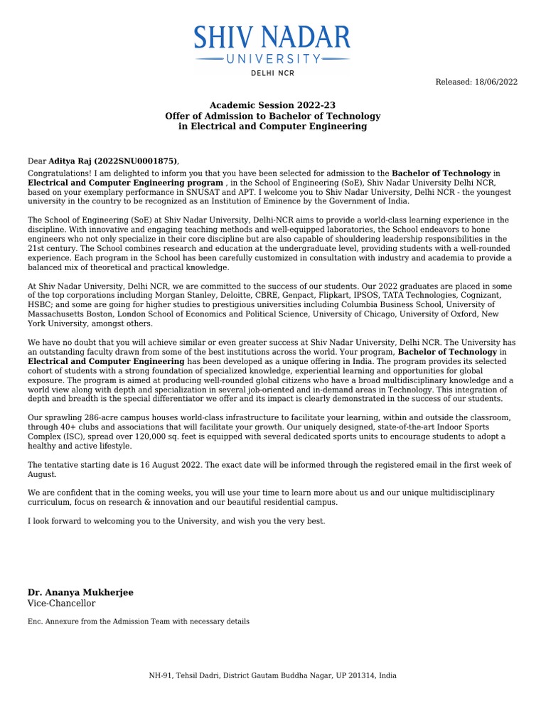 Academic Session 2022-23 Offer of Admission To Bachelor of Technology in Electrical and Computer ...