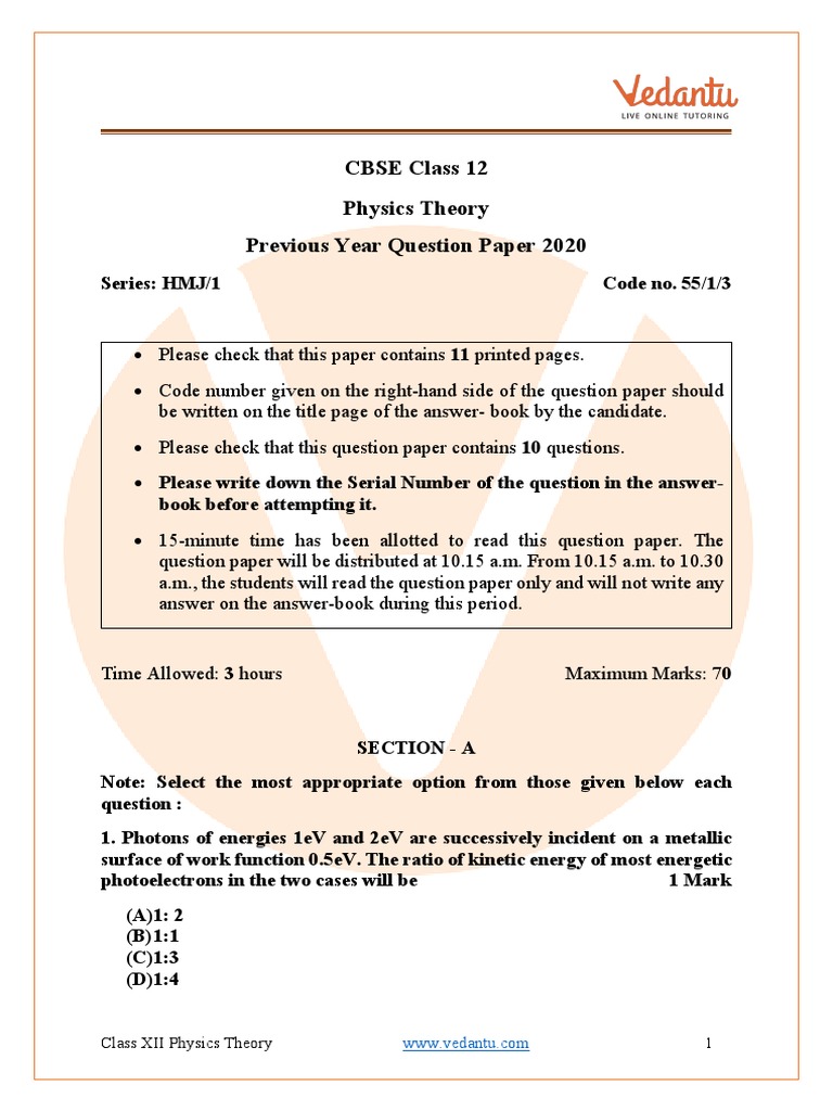 CBSE Class 12 Physics 2020 Paper | PDF | P–N Junction | Transformer