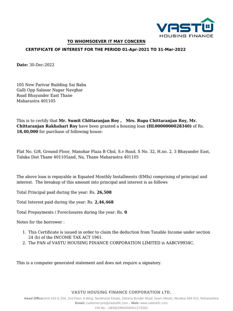 Housing Loan Interest Paid Certificate | PDF