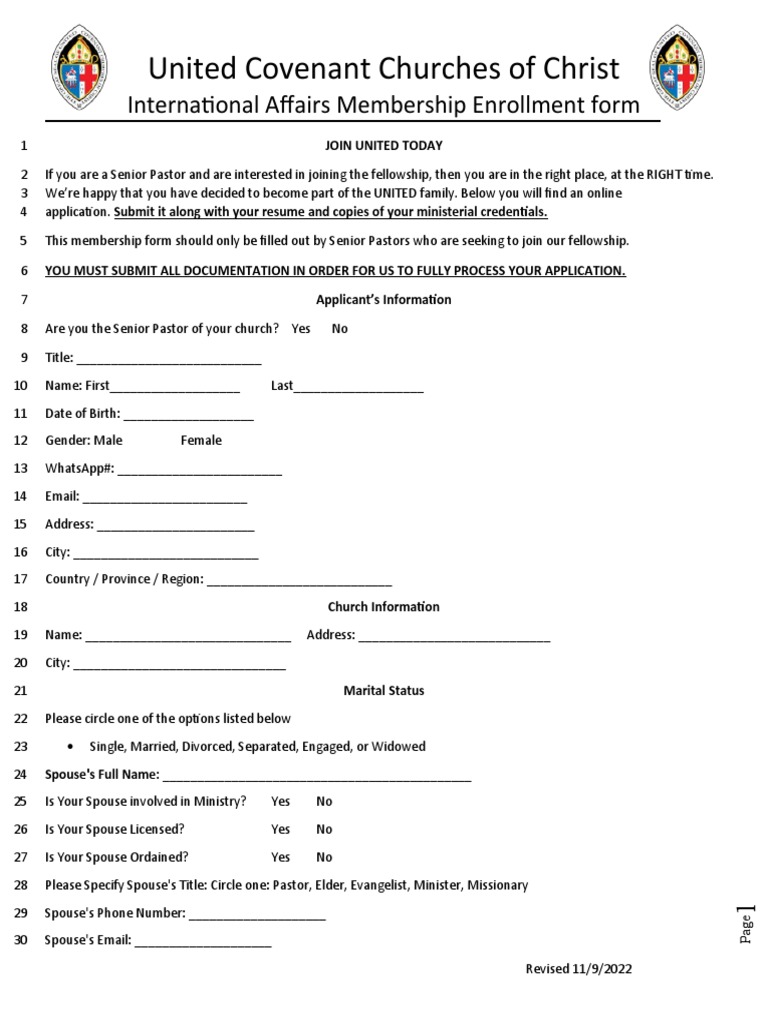UCCC International Affirs Membership Enrollment Form | PDF | Pastor ...