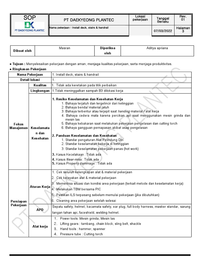 SOP Install Deck, Stairs & Handrail | PDF
