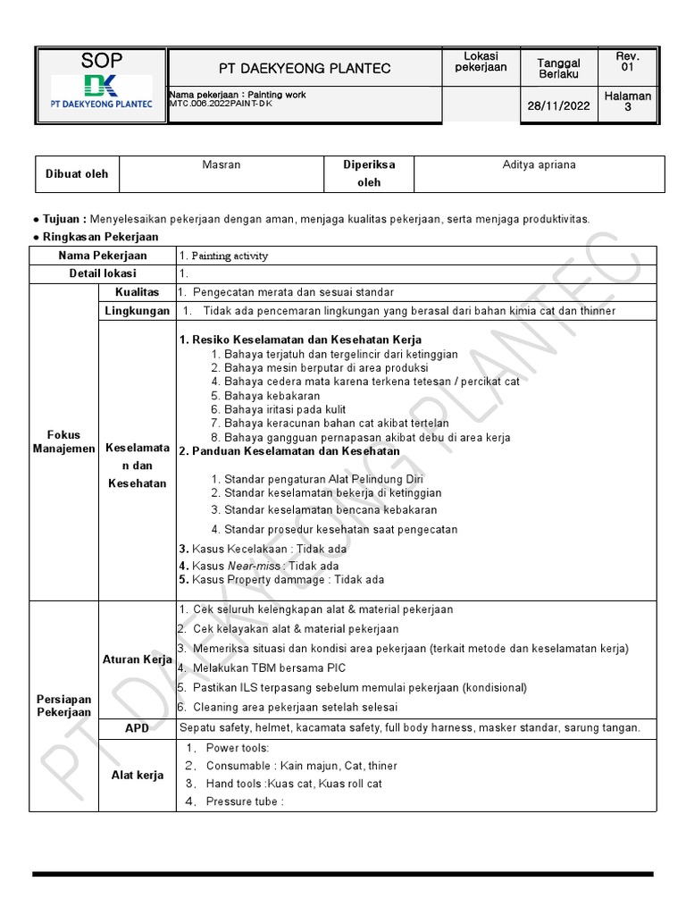 SOP Pekerjaan Pengecatan di PT DAEKYEONG | PDF