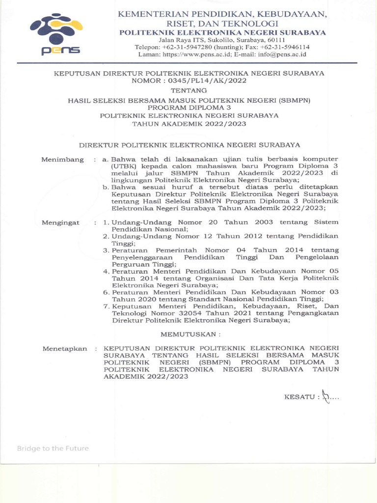 Sk Hasil Seleksi Sbmpn 2022 Pdf