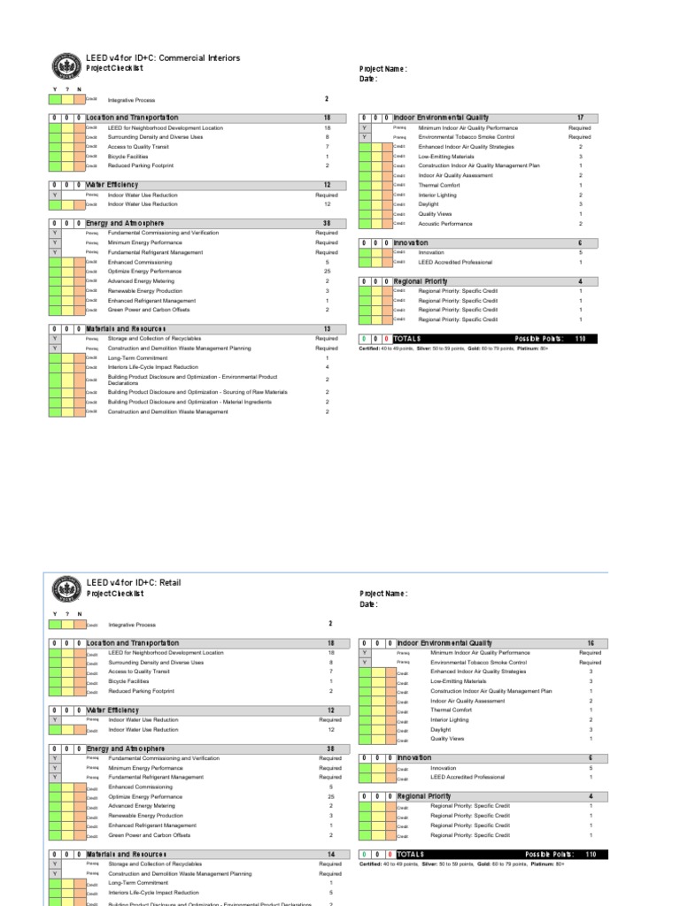 LEED v4 For Interior Design and Construction Checklist | PDF | Green ...