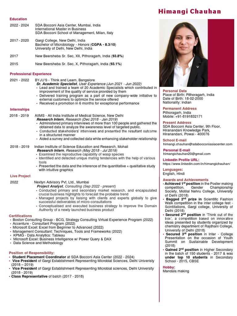 Himangi Chauhan's Bocconi CV Overview | PDF | Business