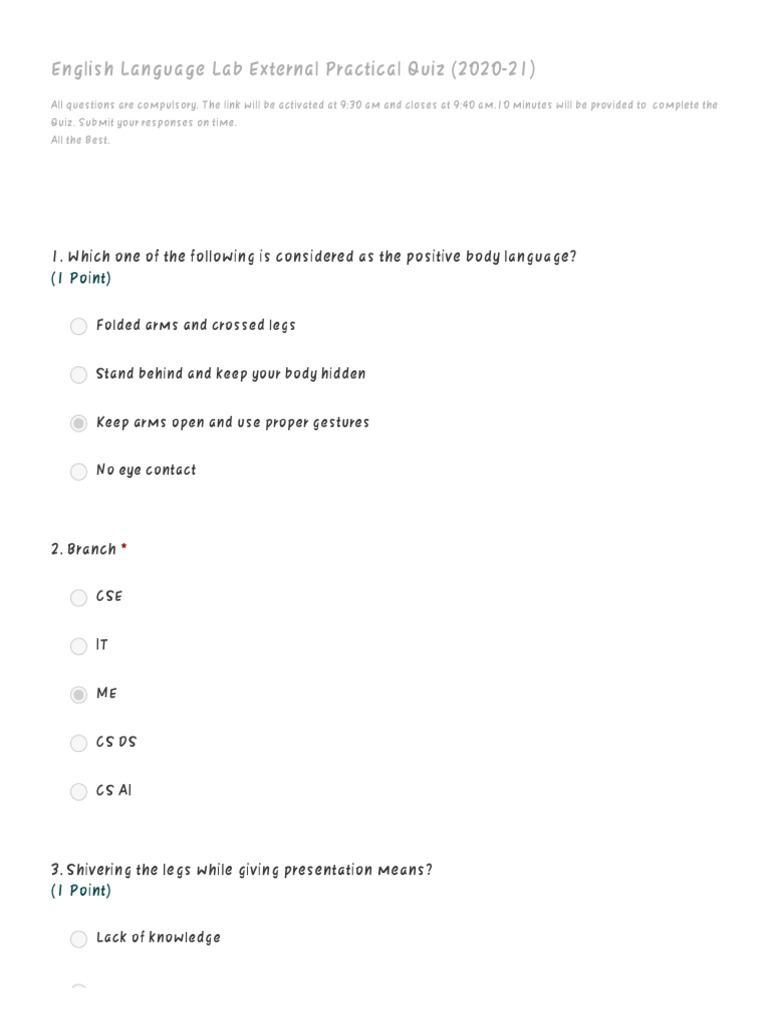 English Language Lab External Practical Quiz (2020-21) | PDF | Body Language | Psychology