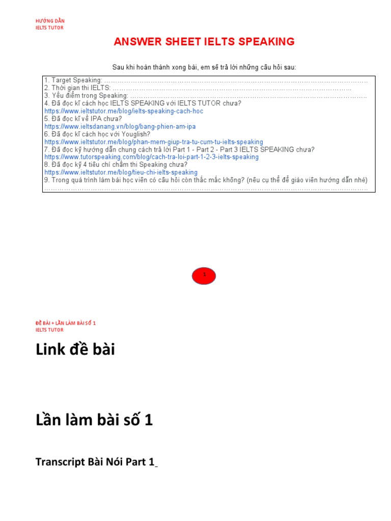 Answer Sheet Ielts Speaking | PDF