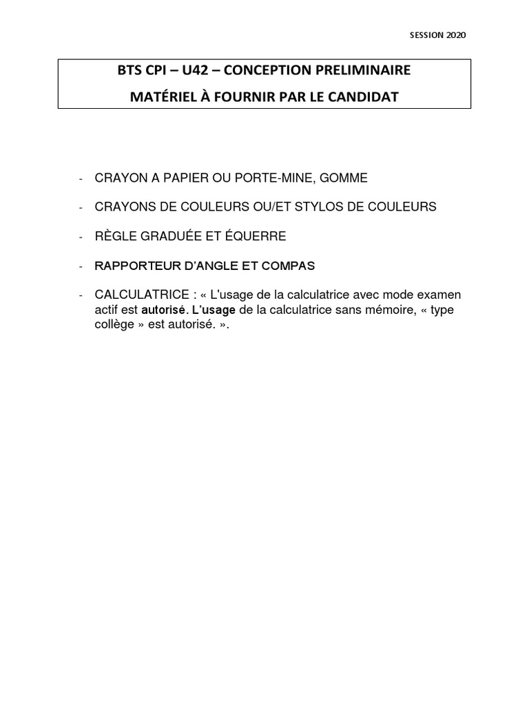 Materiel Candidat U42 BTS CPI 2020 | PDF
