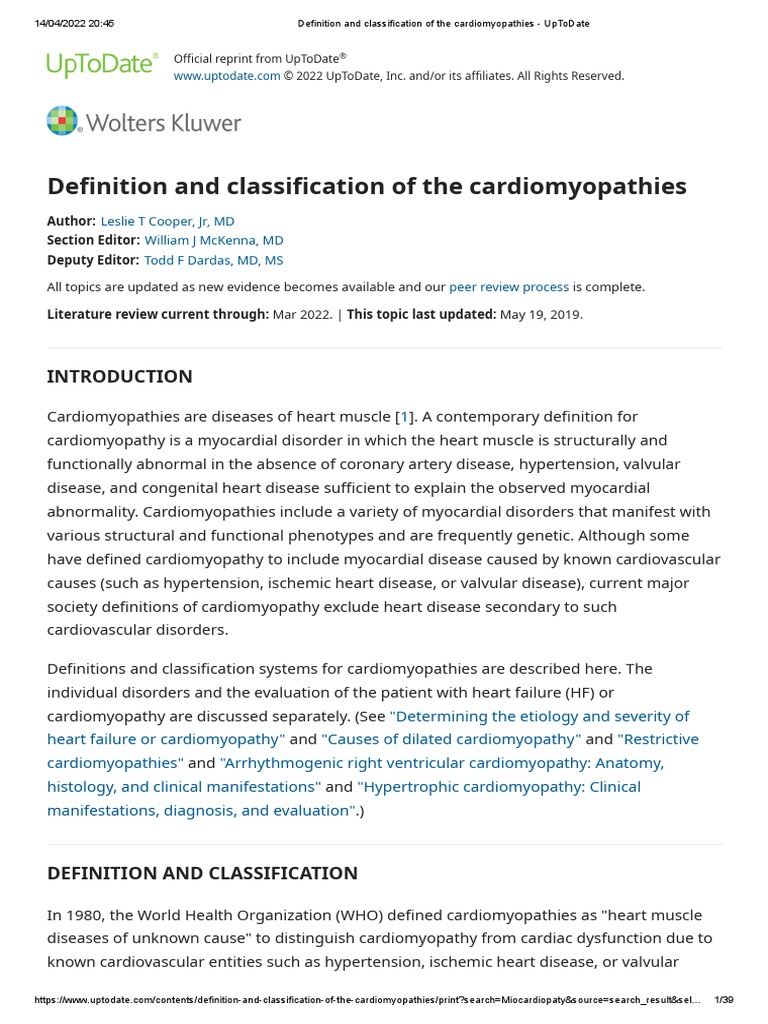 Definition And Classification Of The Cardiomyopathies Uptodate Pdf