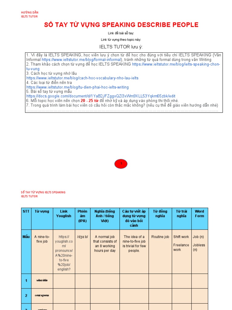 Sổ Tay Từ Vựng Speaking Describe People Describe People | PDF
