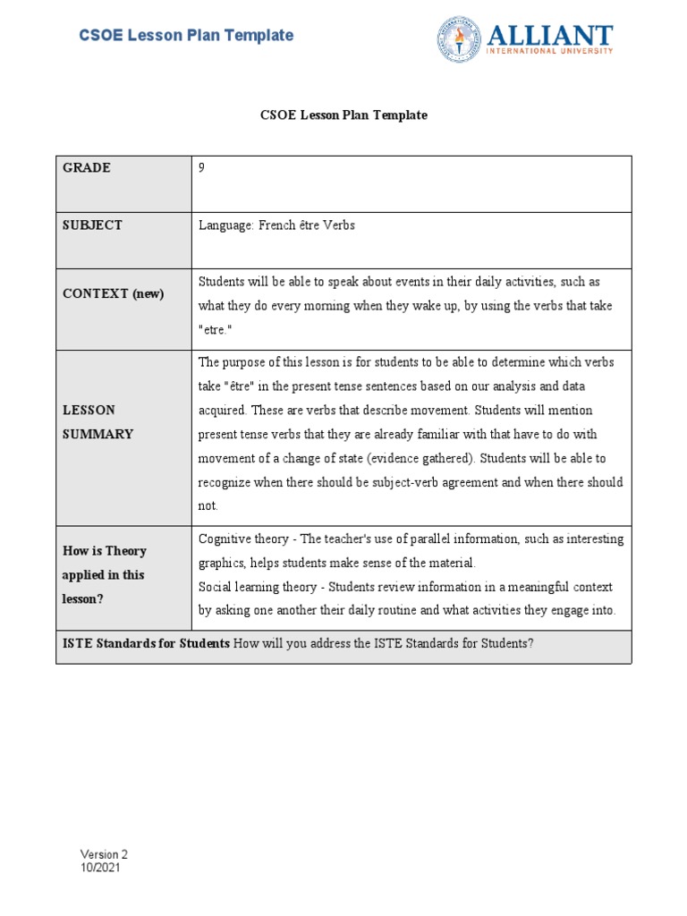 Csoe Lesson Plantemplate For Clinical Practice | PDF | Learning | Verb