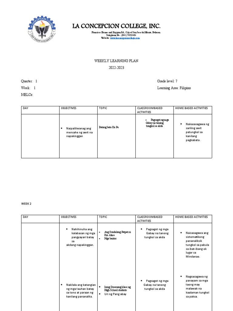Learning Plan Grade 7 Fil | PDF