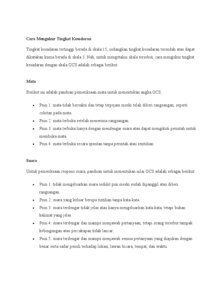 Mengukur Tingkat Kesadaran Menggunakan Skala Glasgow Coma Scale (GCS) | PDF