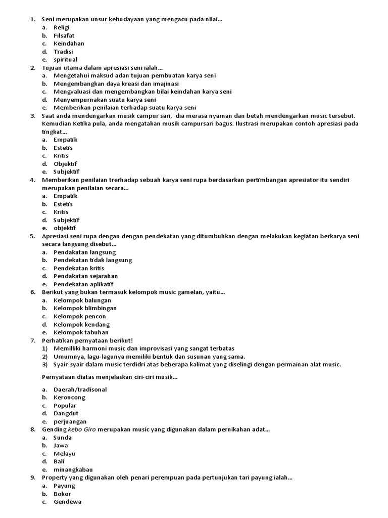 Soal Seni Budaya Kls 10 - 2022 | PDF