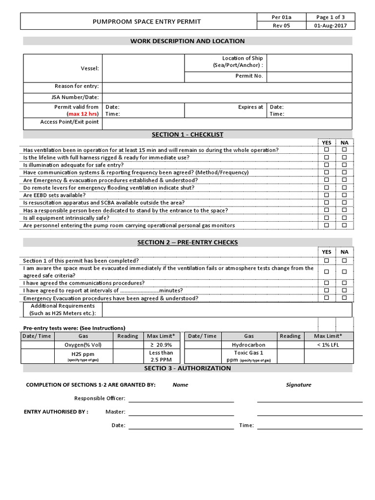 Per 01a - Cargo Pumproom Entry Permit | PDF