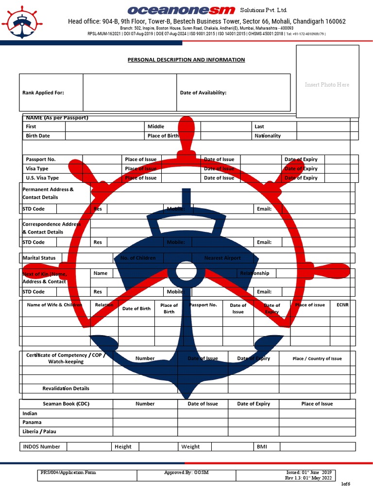 OOSM Ship Management Application Form | PDF