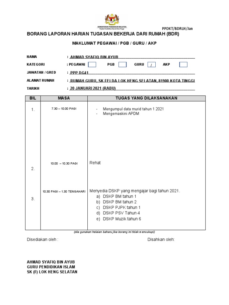 Borang BDR Minggu 1-4 Ahmad Syafiq | PDF