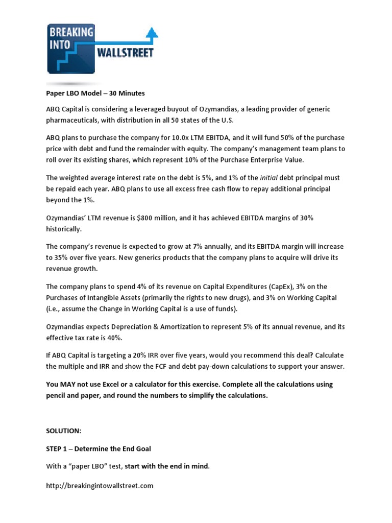 Paper LBO Model Solutions BIWS | PDF | Free Cash Flow | Leveraged Buyout