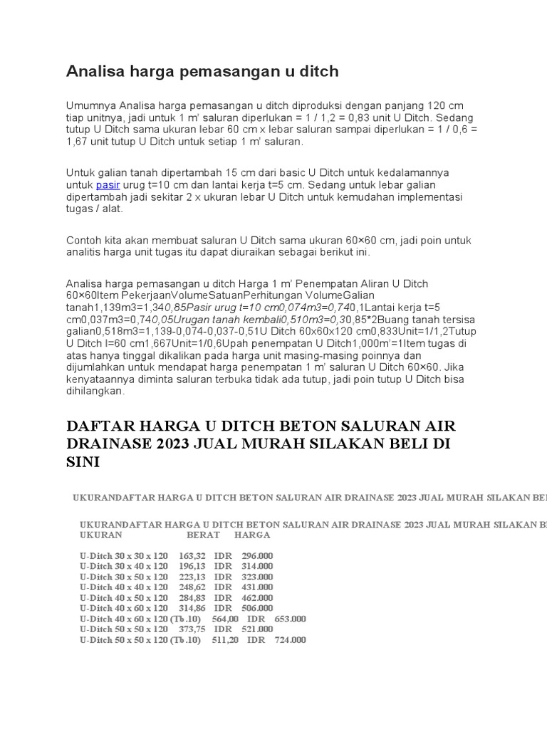 Analisa Harga Pemasangan U Ditch | PDF